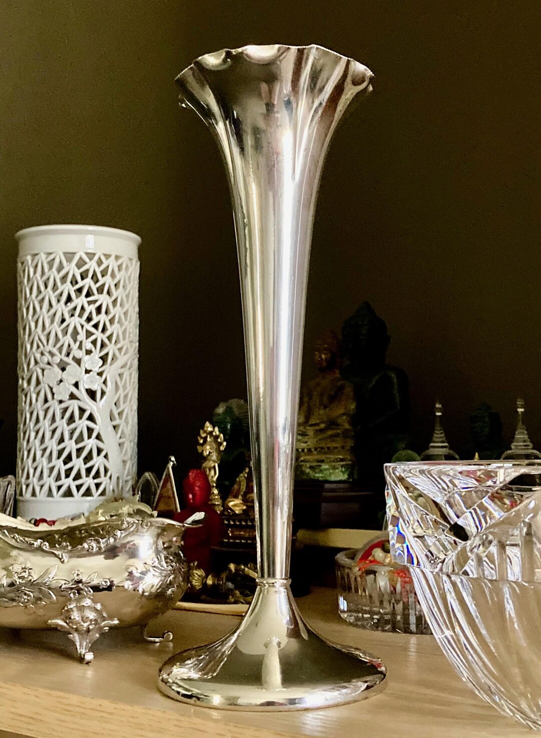 Antique Stokes & Sons Silver-plated Pleated 29cm Trumpet Vase - C.1905 ...