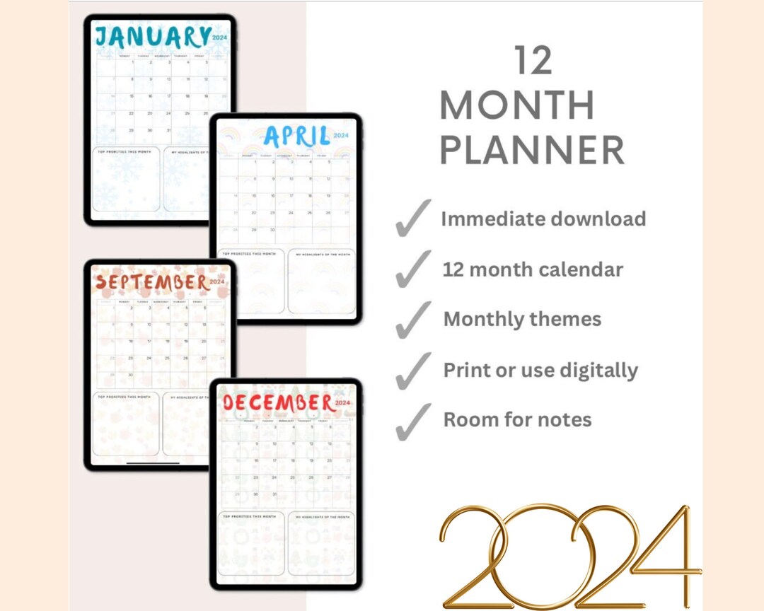 Printable 2024 Twelve Month Calendar Planner - Etsy