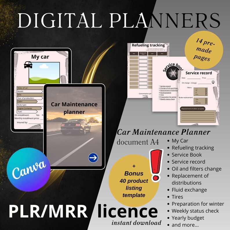 Car Maintenance Planner | Digital Car Service Planner and Tracker | PLR/MRR License | Instant ...