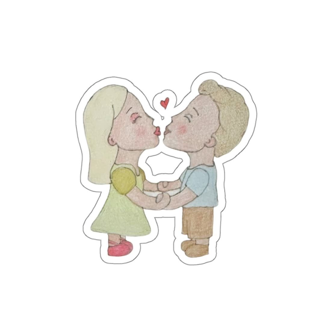 Cute Hand Drawn Couple Kissing Sticker, Kiss-cut Sticker, Illustration ...