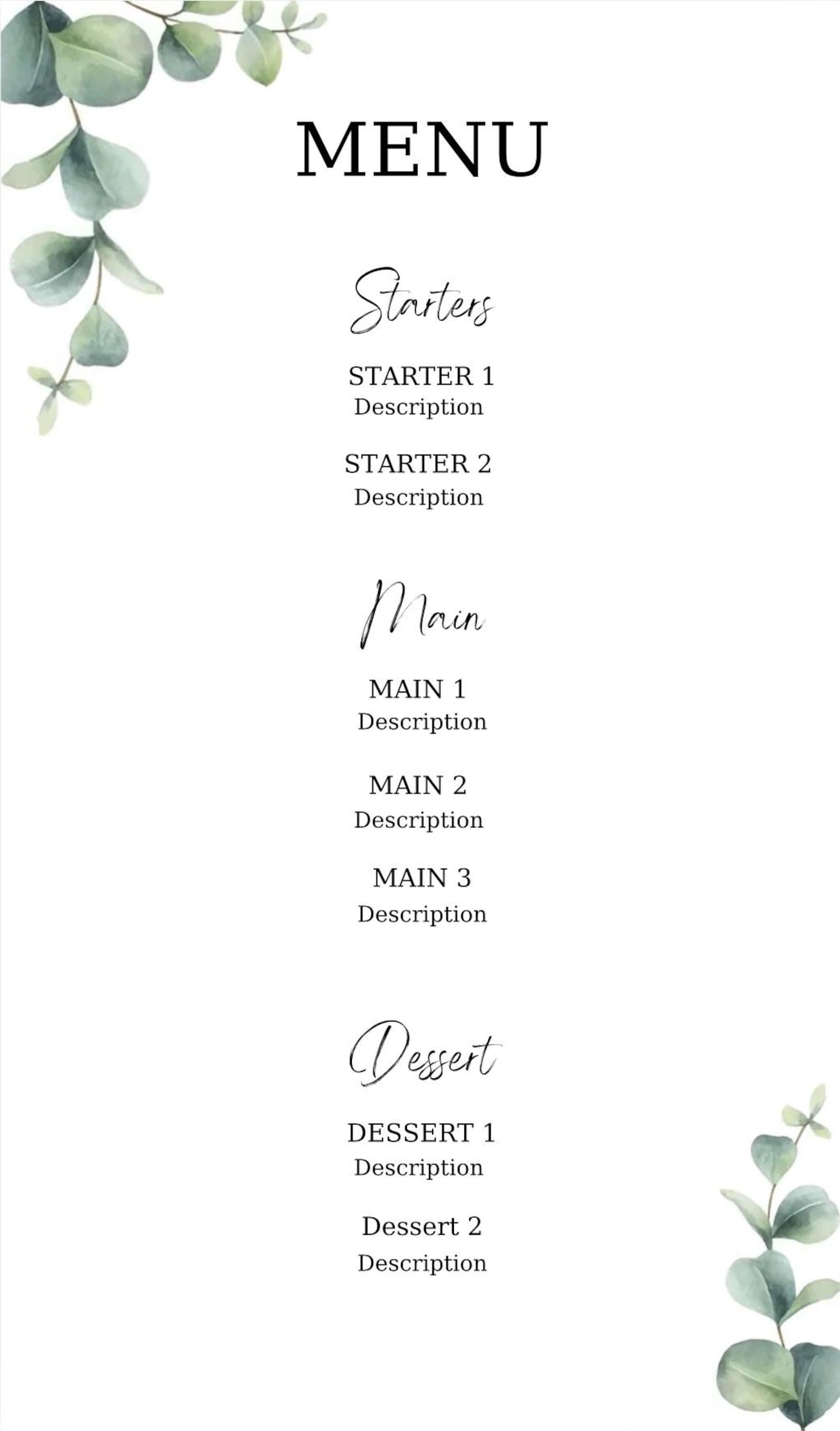 Personalised Wedding Menu Card (digital Print) – Customisable Dinner ...
