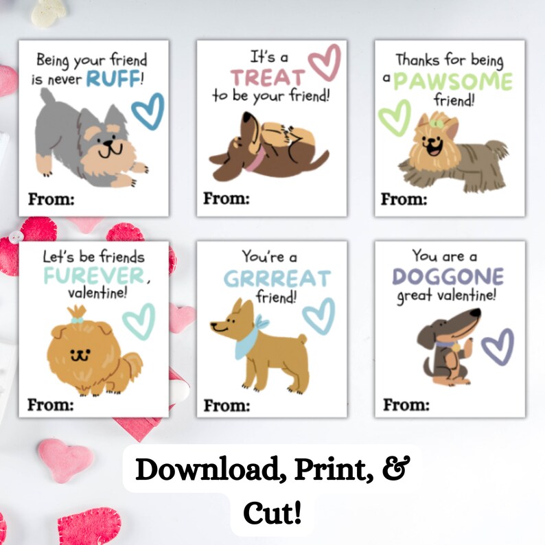 Dog Themed Printable Valentine Cards Digital Download for Kids School ...