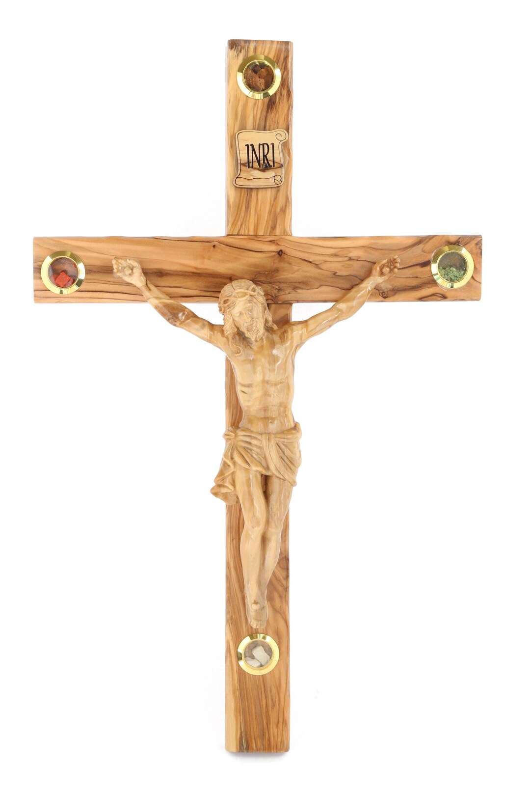 Olive Wood Latin Cross_ All Wood Crucifix With Four Holy Objects Lenses ...