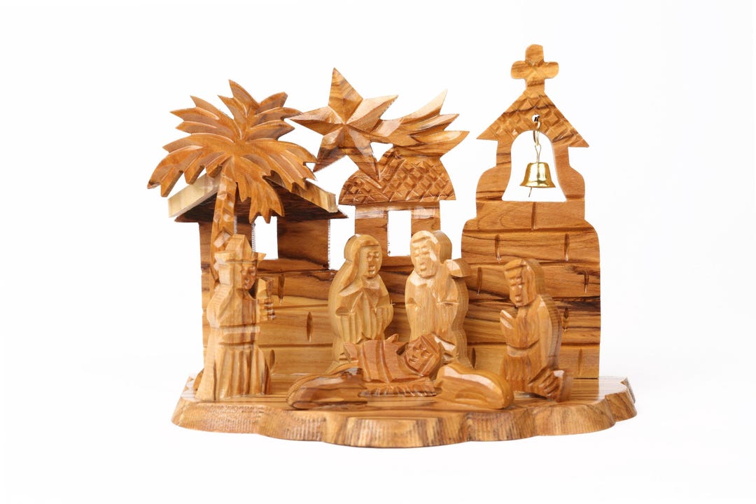 Olive Wood Nativity Scene_ Grotto and Church - Etsy