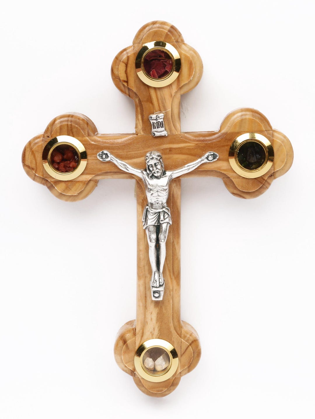 Olive Wood Roman Cross_ Silver Oxide Crucifix With Four Holy Objects ...