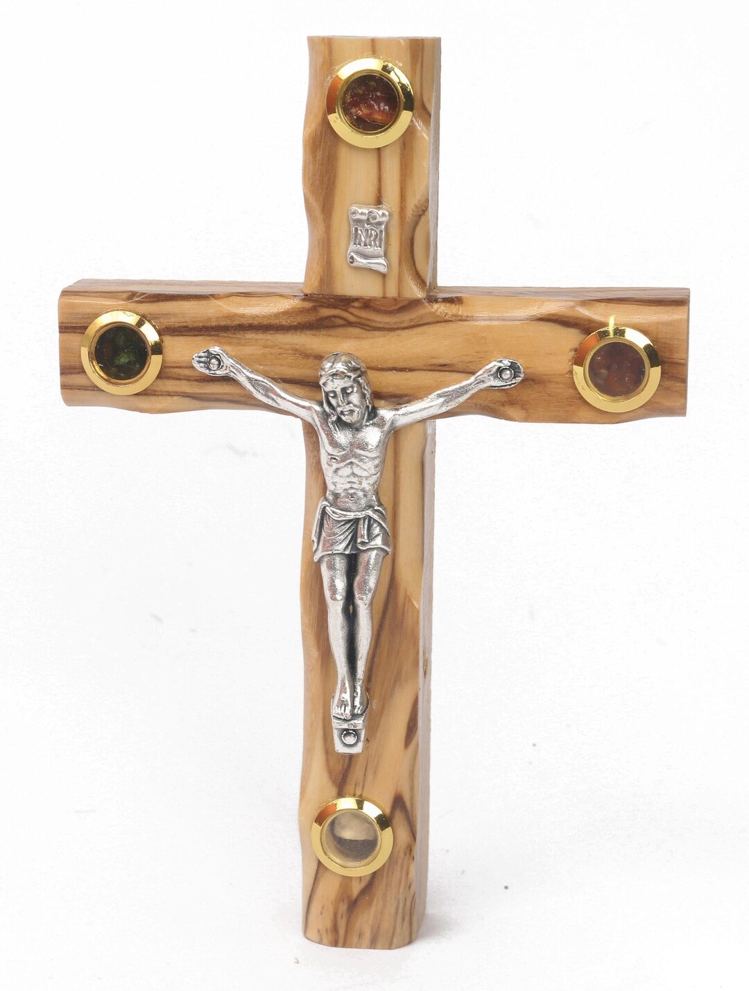 Olive Wood Latin Cross_silver Oxide Crucifix With Four Holy Objects ...