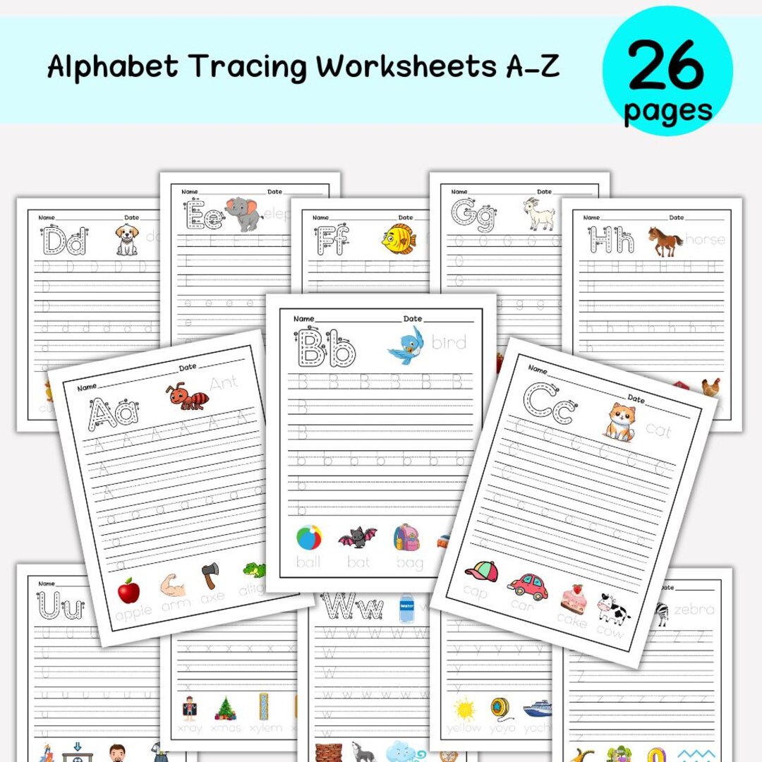 Alphabet Tracing Worksheets A-Z, Handwriting Practice (PDF Pattern) - Etsy