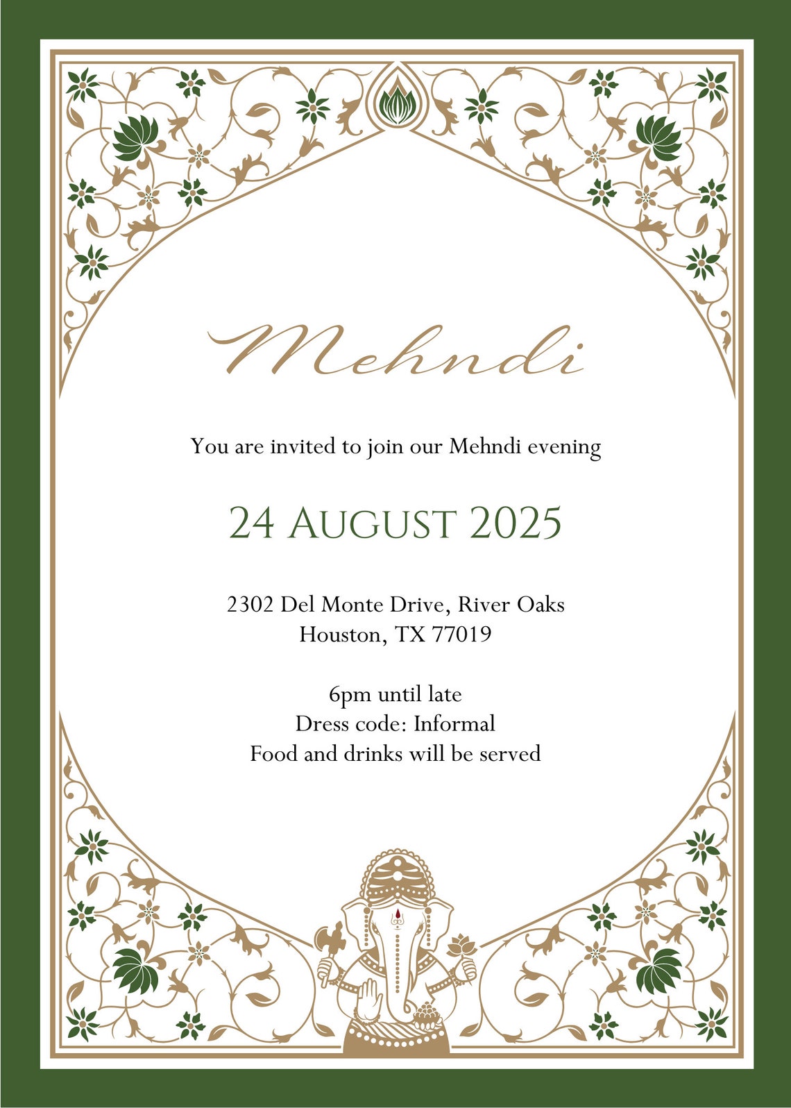 Luxury Indian Hindu Mehndi Invitation Template - Green Ganesh A5 ...
