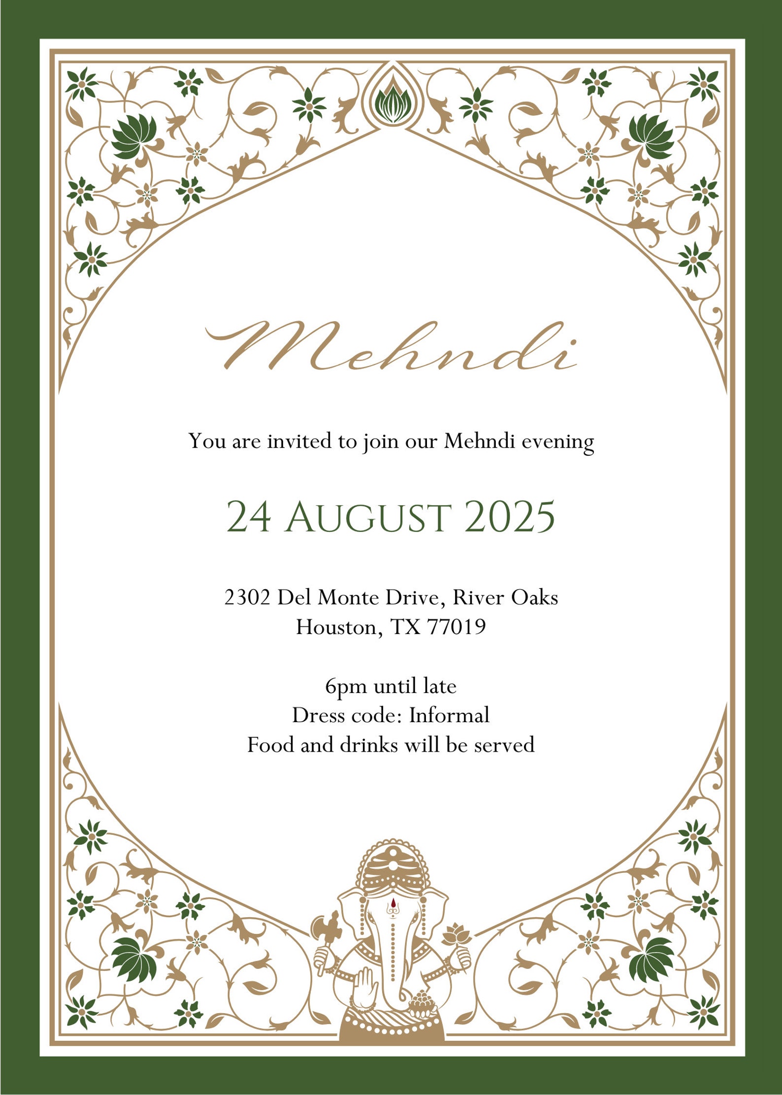 Luxury Indian Hindu Mehndi Invitation Template - Green Ganesh A5 ...