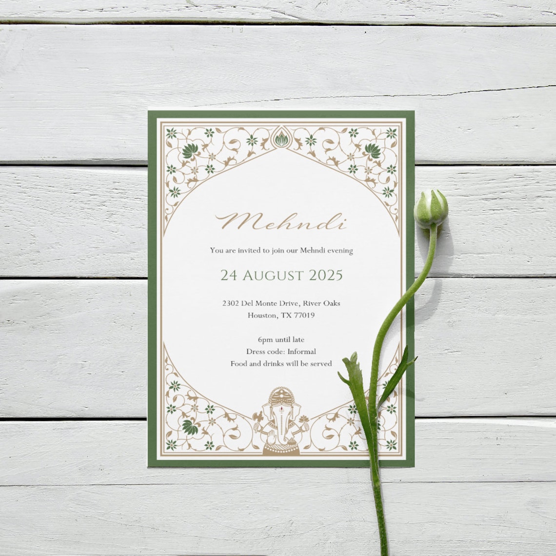 Luxury Indian Hindu Mehndi Invitation Template - Green Ganesh A5 ...