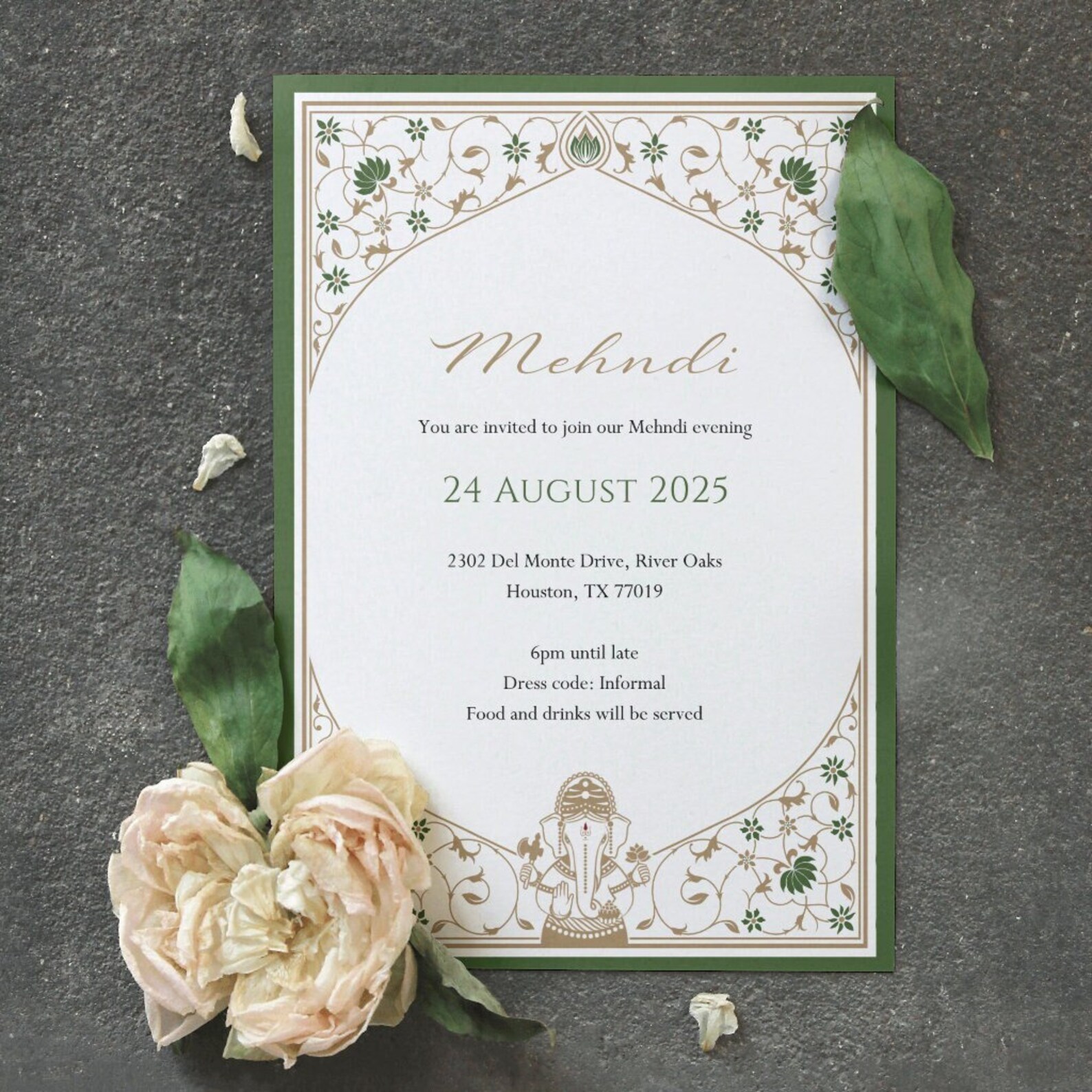 Luxury Indian Hindu Mehndi Invitation Template - Green Ganesh A5 ...