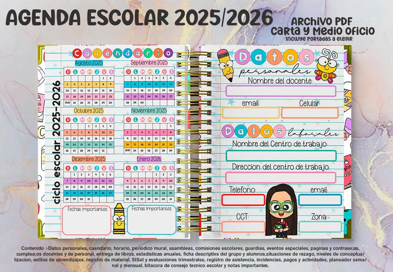 Agenda escolar colorida y completa para maestra de primaria ciclo ...