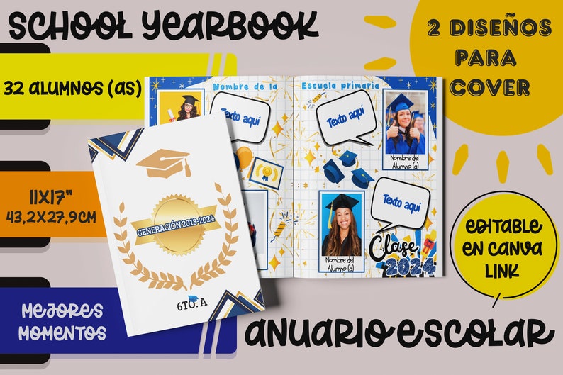 Anuario Escolar Plantilla Editable en Canva/ School Yearbook 2024 ...