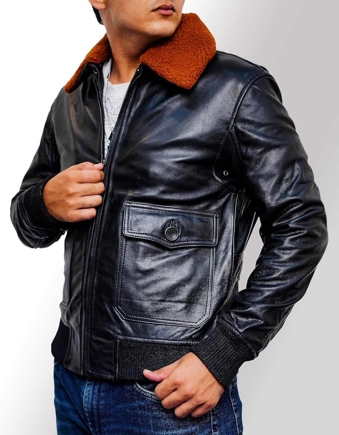 Men’s WW2 G1 Handmade Black Flight Aviator Removable Fur Collar Leather ...