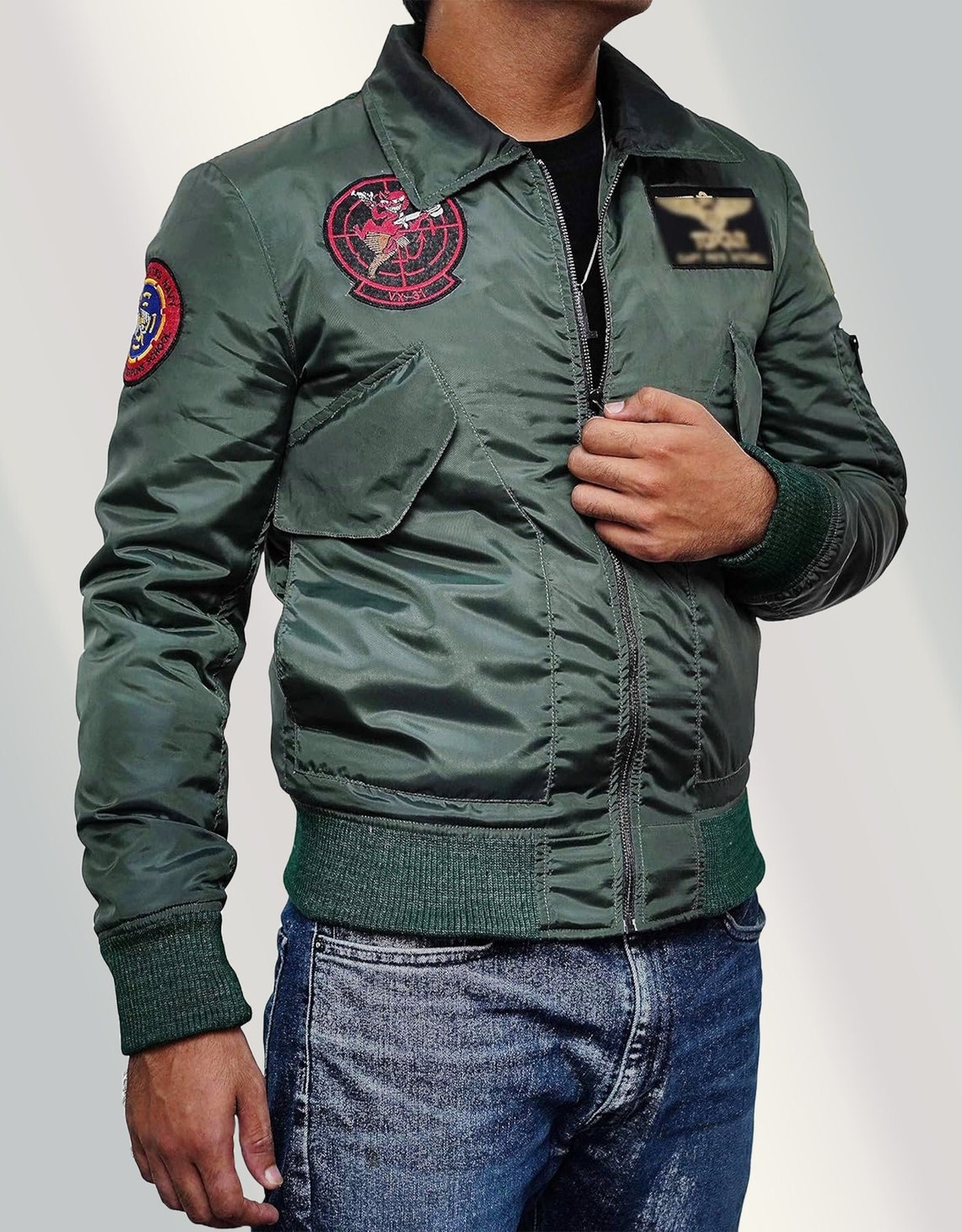 Men’s Handmade Top Maverick Pilot Flight Bomber Green Aviator ...