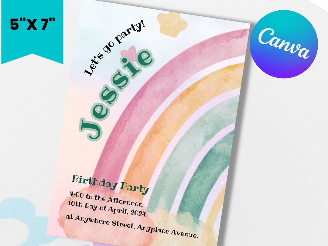 Rainbow Watercolor Birthday Invitation, Editable Printable Canva ...