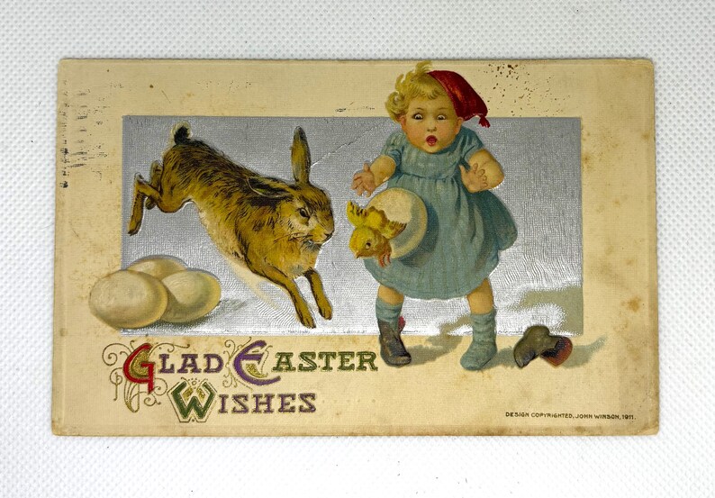 Vintage 1913 ADORABLE John Winson Rabbit Chick & Child Easter Postcard ...