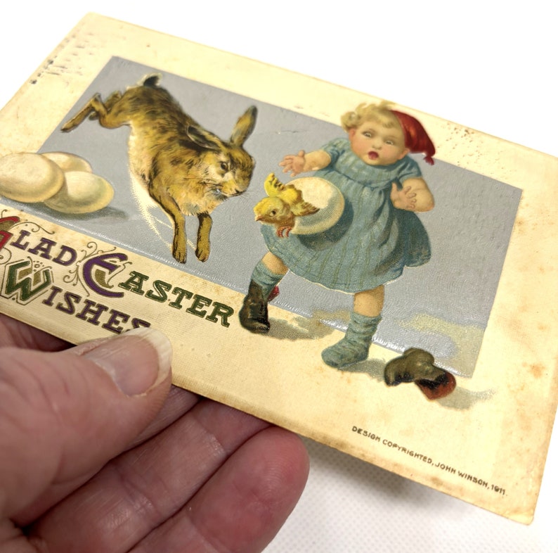 Vintage 1913 ADORABLE John Winson Rabbit Chick & Child Easter Postcard ...