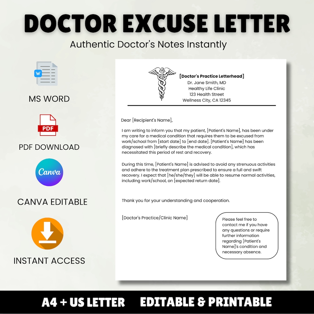 Doctor Excuse Letter | Doctor Note Template | Doctors Note for Work | Excuse Note | PDF ...