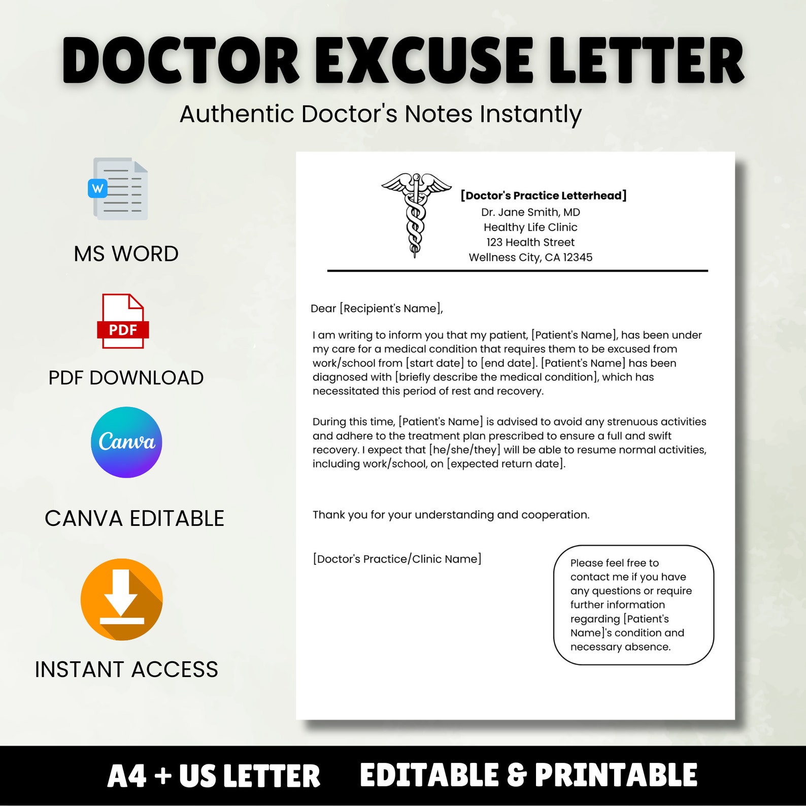Doctor Excuse Letter | Doctor Note Template | Doctors Note for Work ...
