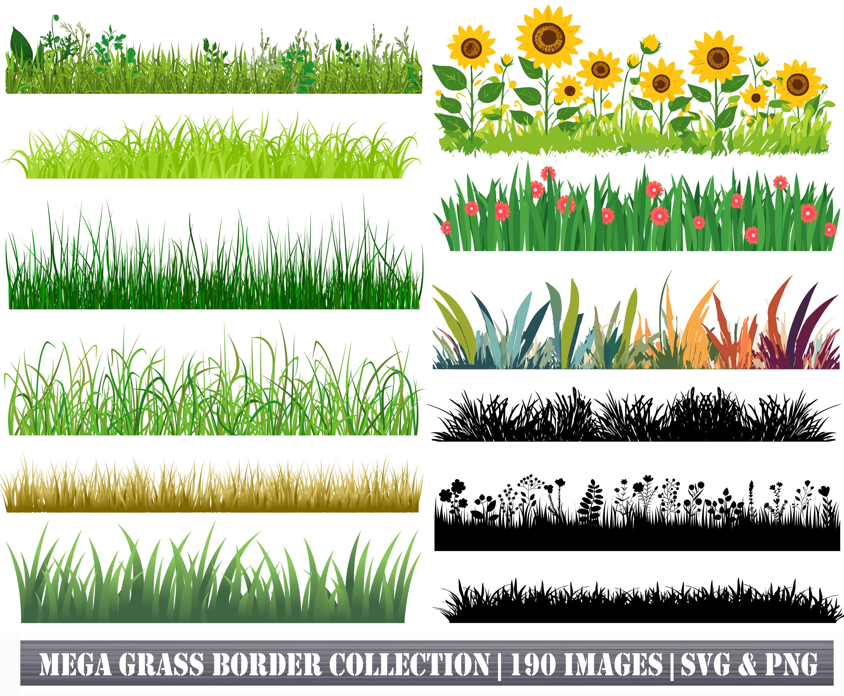 190 Grass Borders Clipart Bundle. Realistic / Watercolor / Silhouette ...