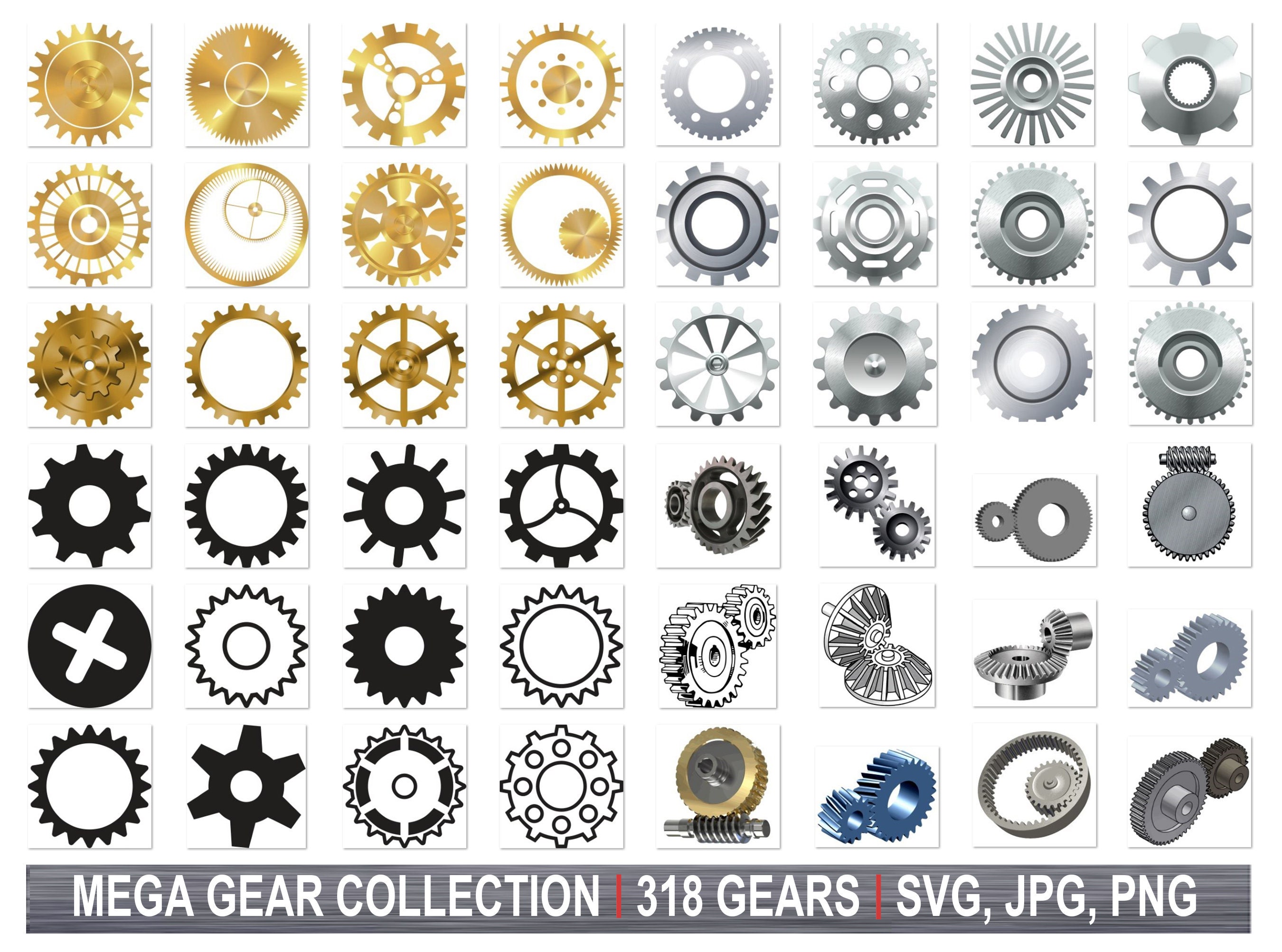 Mega Gear Collection. 318 Digital Images. SVG, JPG & PNG Files. Gold ...