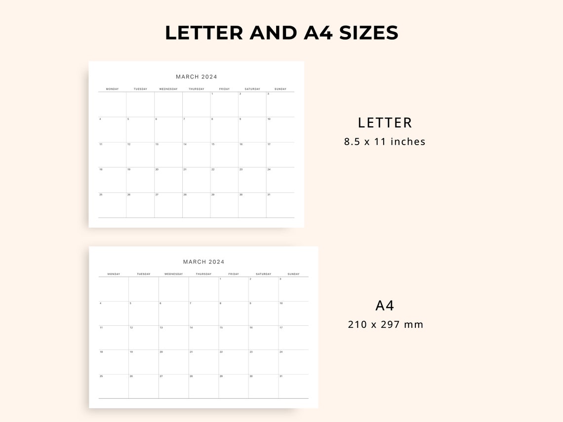 2024 Printable Monthly Calendar, A4 and Letter Size, Monday and Sunday ...