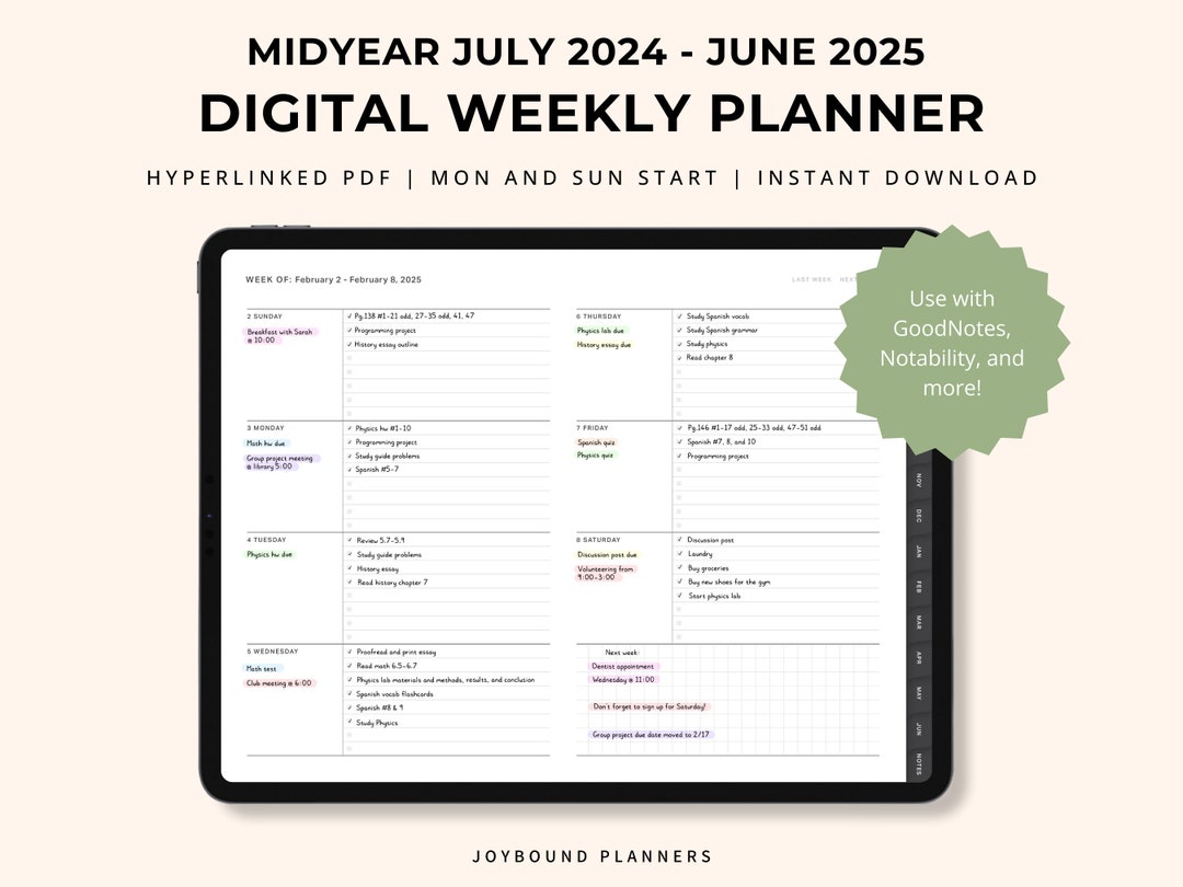 Midyear 2024 2025 Digital Planner, Weekly Digital Planner, Landscape ...