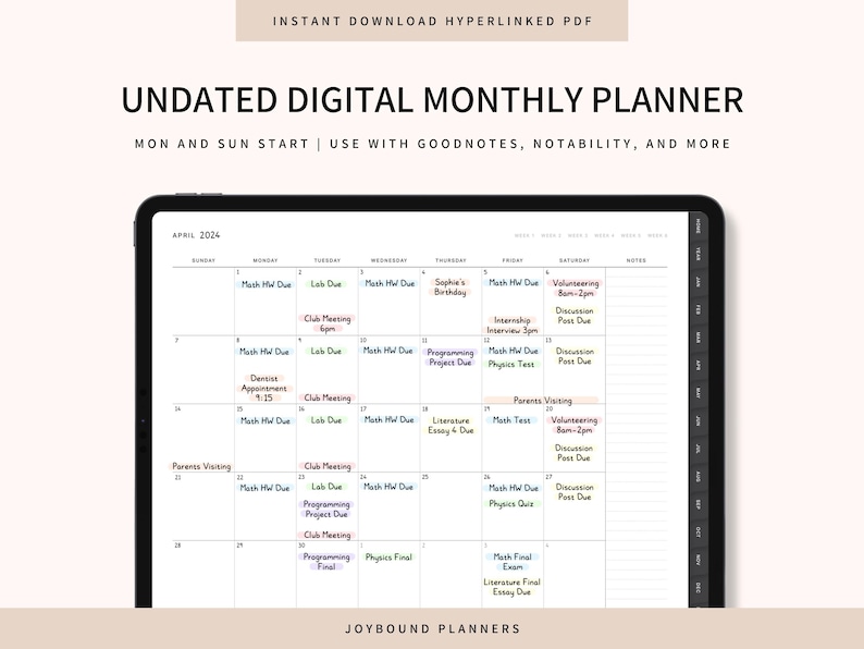 Undated Digital Monthly Planner, Goodnotes Notability Compatible ...