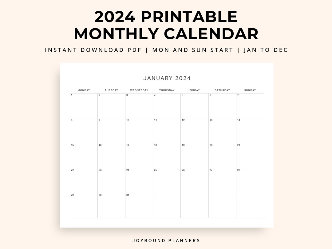 2024 Printable Monthly Calendar, A4 and Letter Size, Monday and Sunday ...