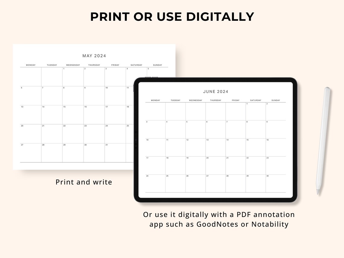 2024 Printable Monthly Calendar, A4 and Letter Size, Monday and Sunday Start, Landscape ...