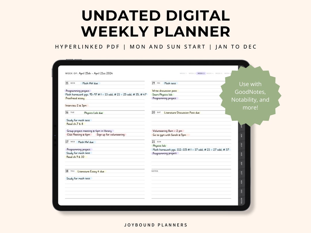 Undated Digital Weekly Planner, Monday and Sunday Start, Landscape ...