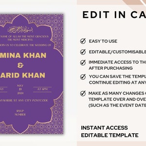 Digital Muslim Wedding Invitation, Canva Islamic Template, Muslim ...