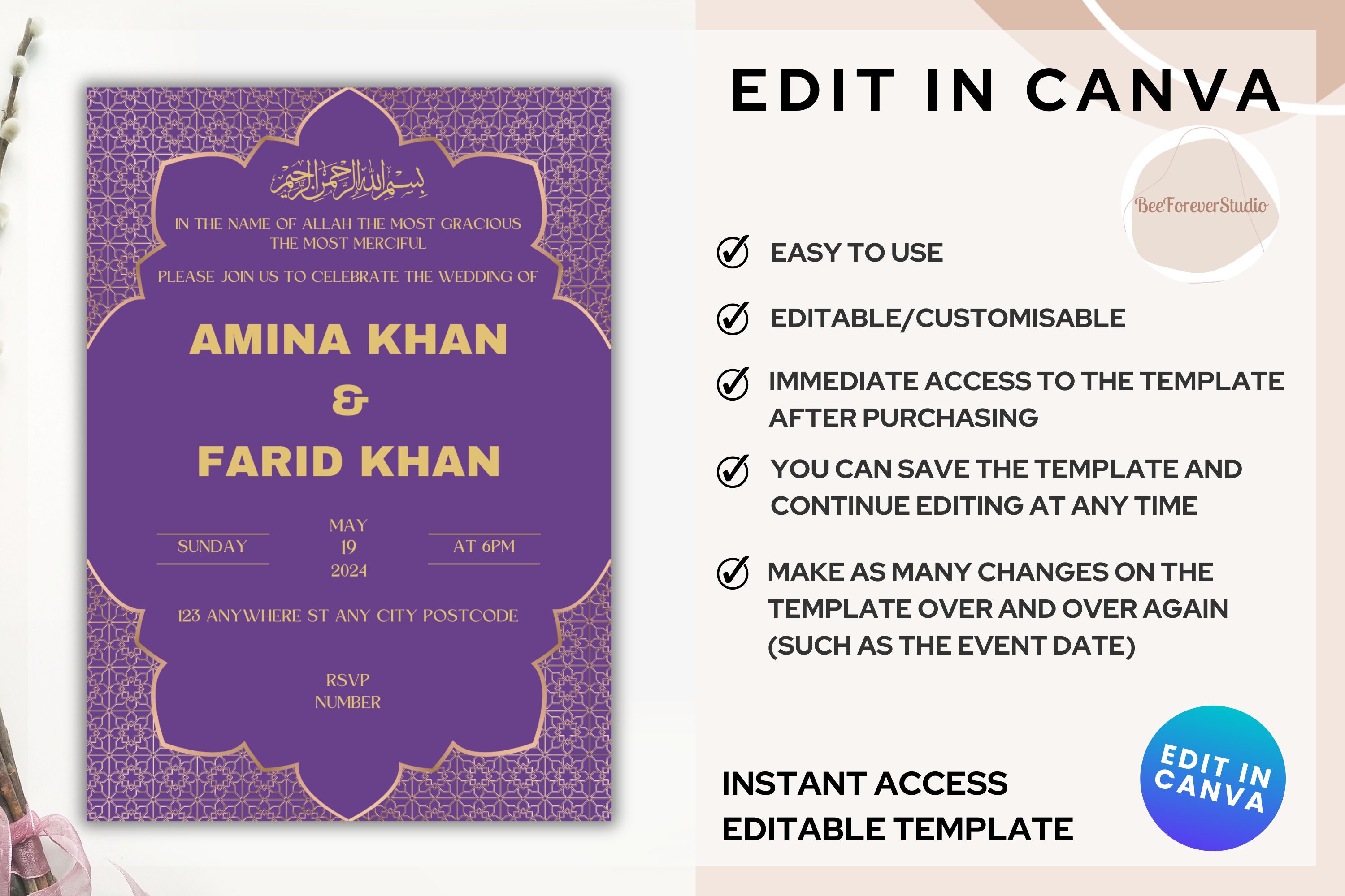Digital Muslim Wedding Invitation, Canva Islamic Template, Muslim ...