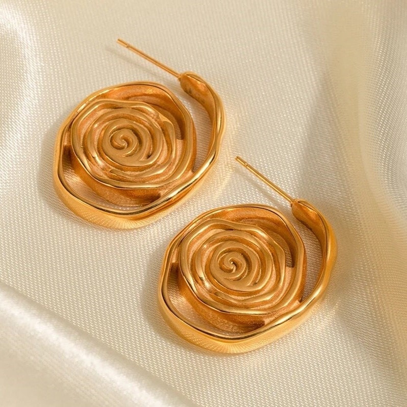 Spiral 18k Plated Hoop Earrings, Swirls Whimsical Vintage Earrings ...
