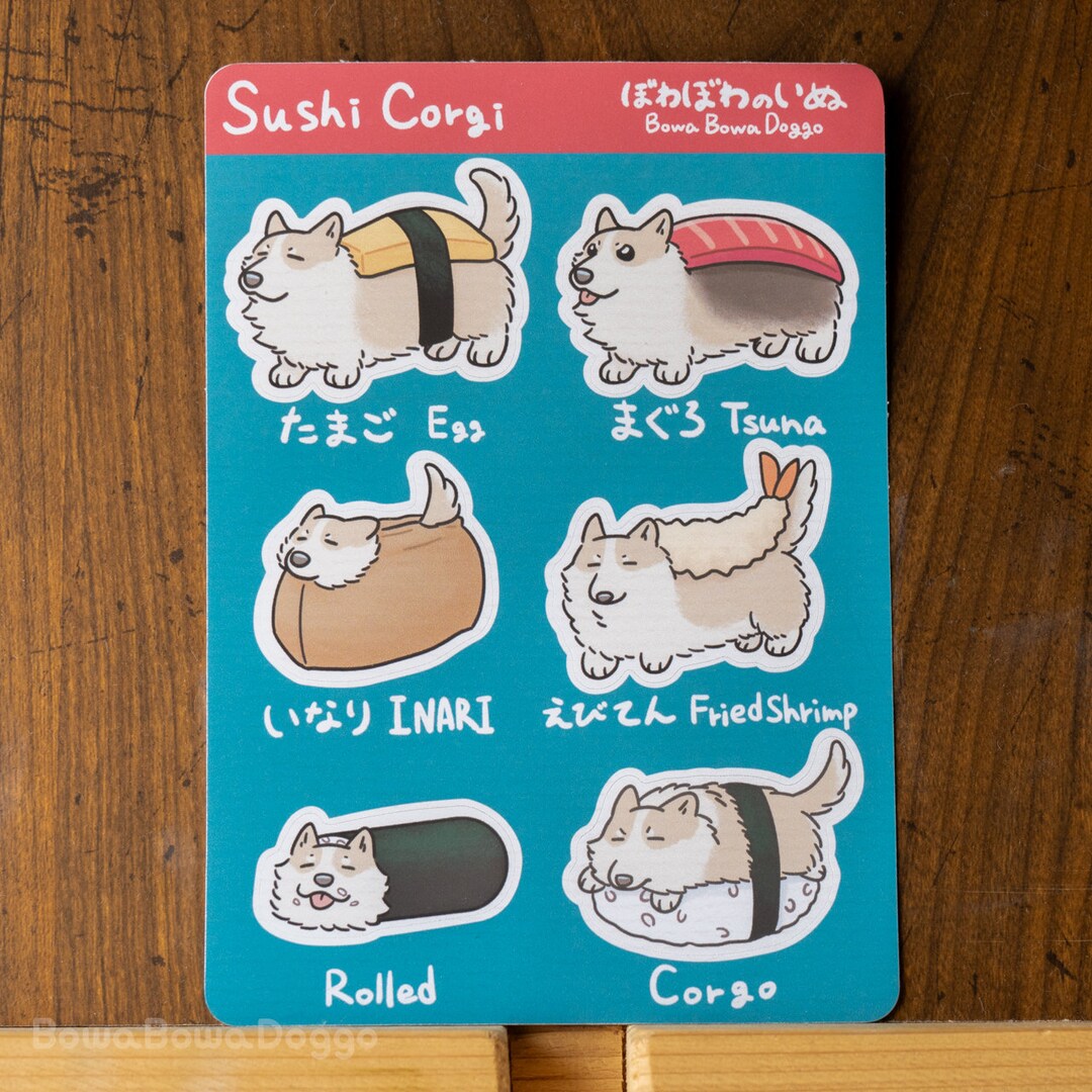 Sticker Sheet: Sushi Corgi | Journal Sticker of Cute Corgi With Tail, Sushi and Japanese Words ...