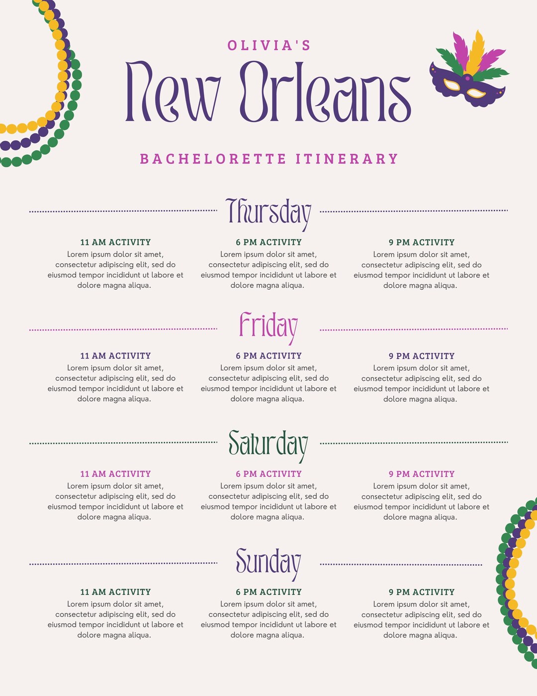 Editable Bachelorette Party Itinerary Template - New Orleans-themed ...