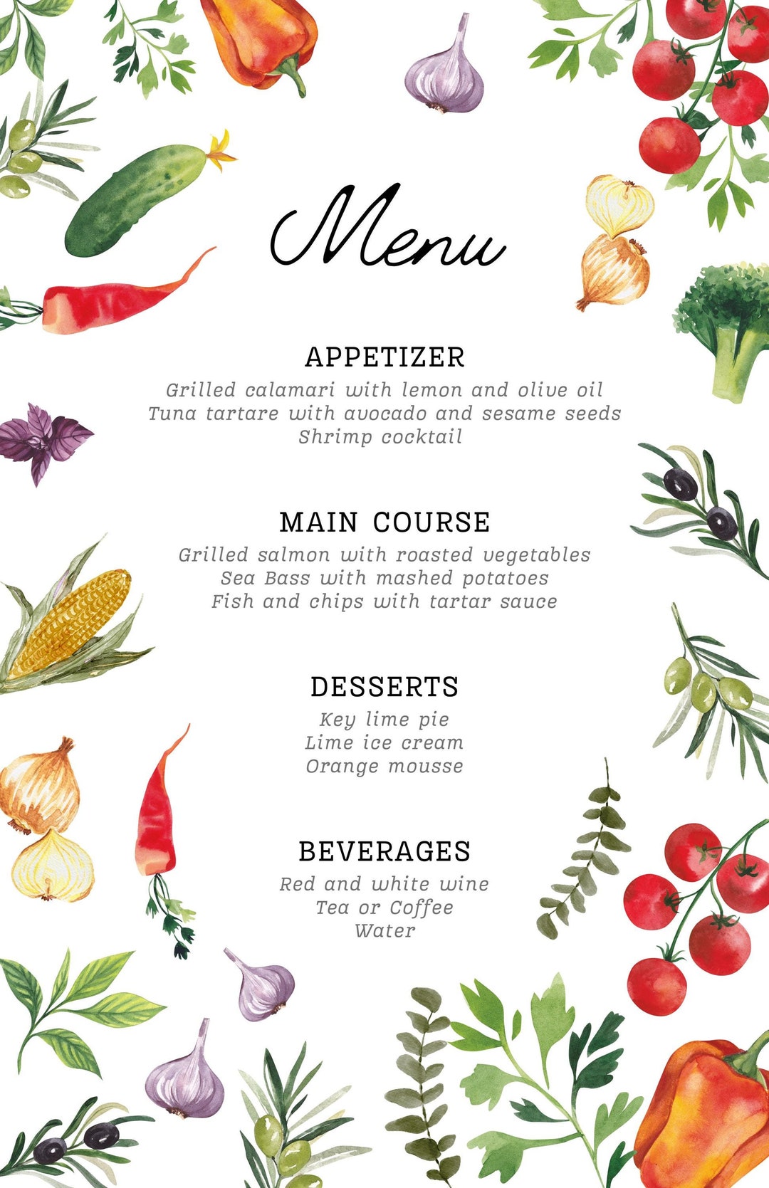 Editable Menu Template - Digital Menu for Restaurants, Events, Weddings ...