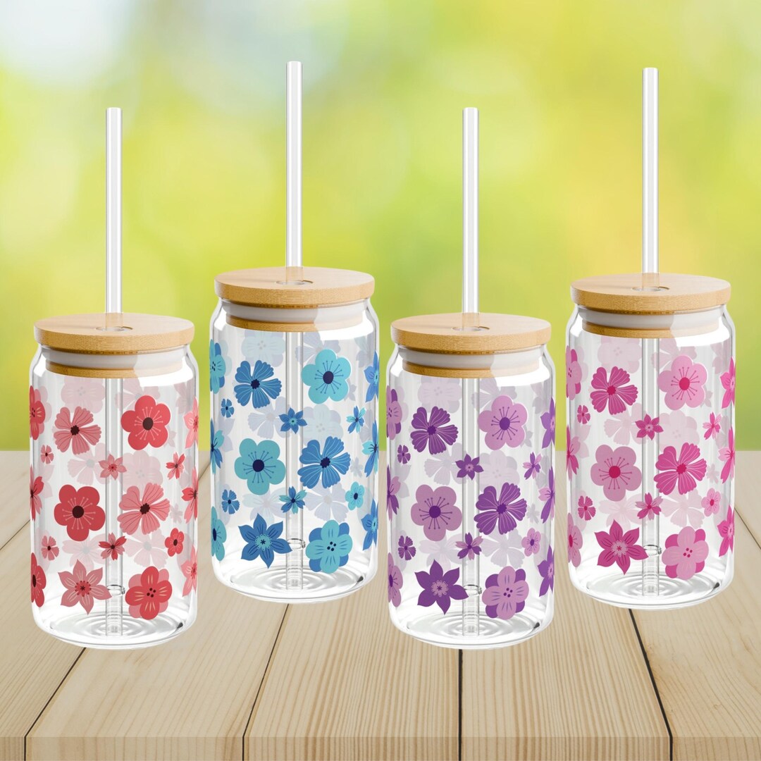 Floral Glass Cup, Spring Flowers Iced Coffee Glass Tumbler, Retro ...