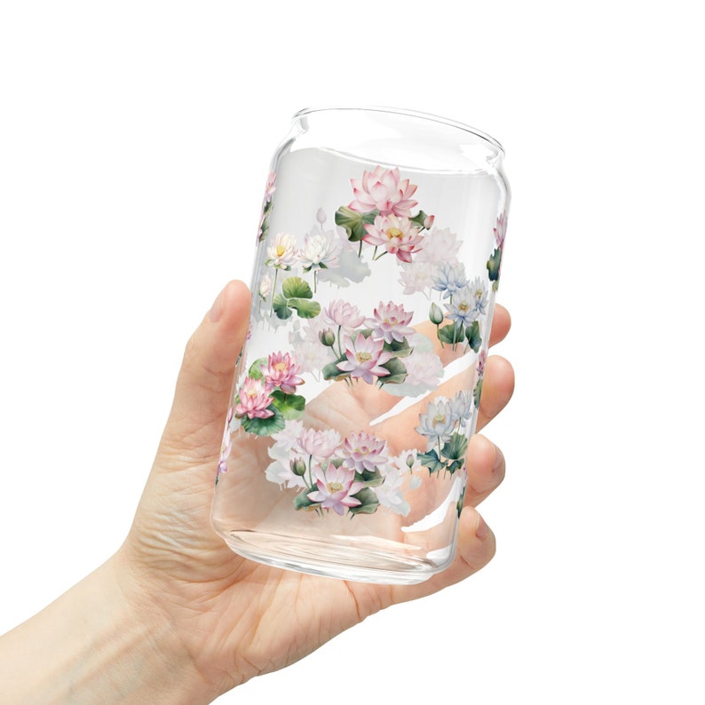 Lotus Iced Coffee Glass Can With Lid and Straw 16oz Lotus Flower Glass ...