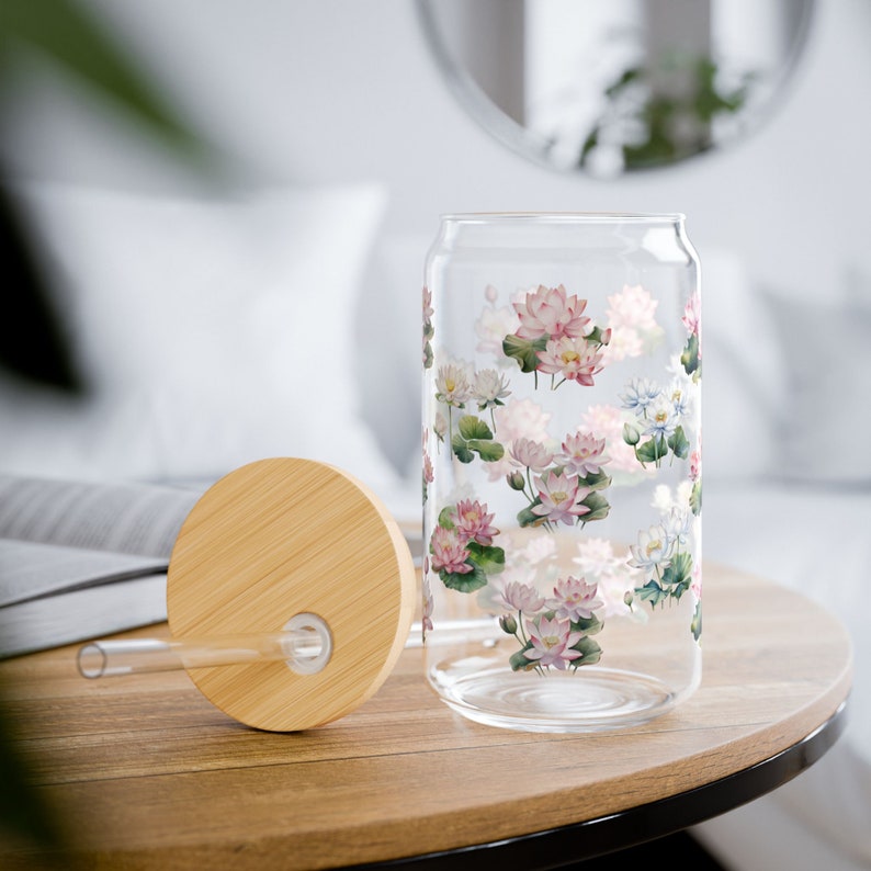 Lotus Iced Coffee Glass Can With Lid and Straw 16oz Lotus Flower Glass ...
