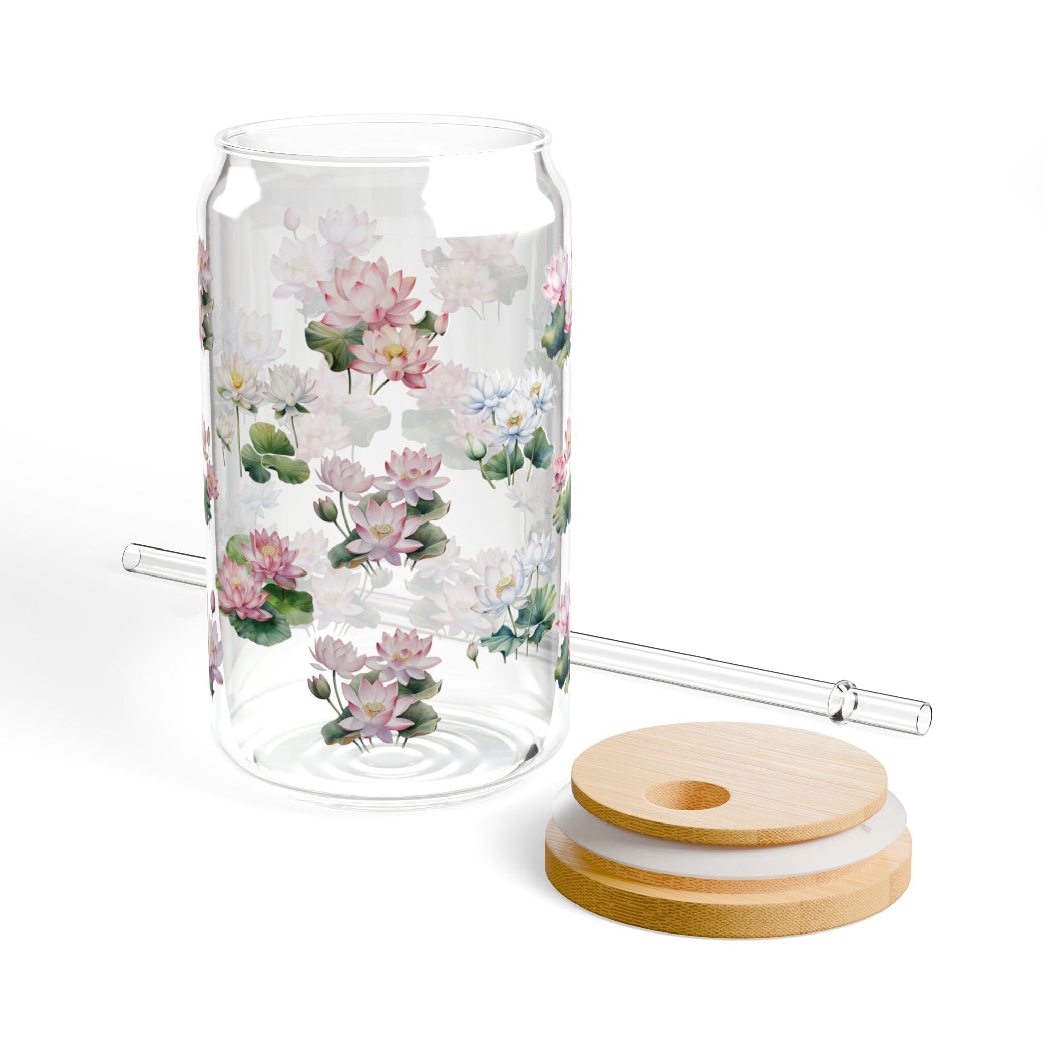 Lotus Iced Coffee Glass Can With Lid and Straw 16oz Lotus Flower Glass ...