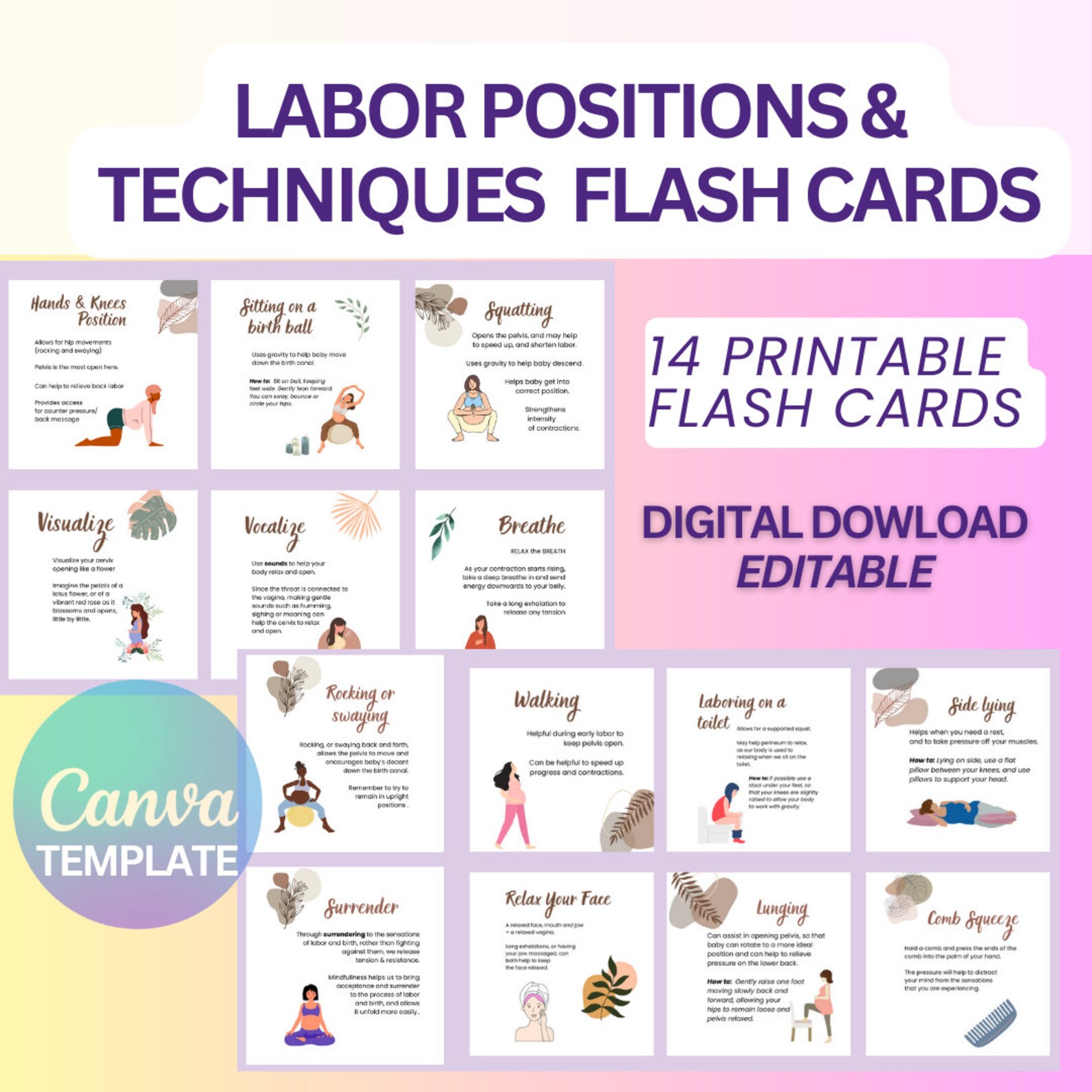 Labor Techniques Flash Cards Printable Cards for Labor Positive Birth ...