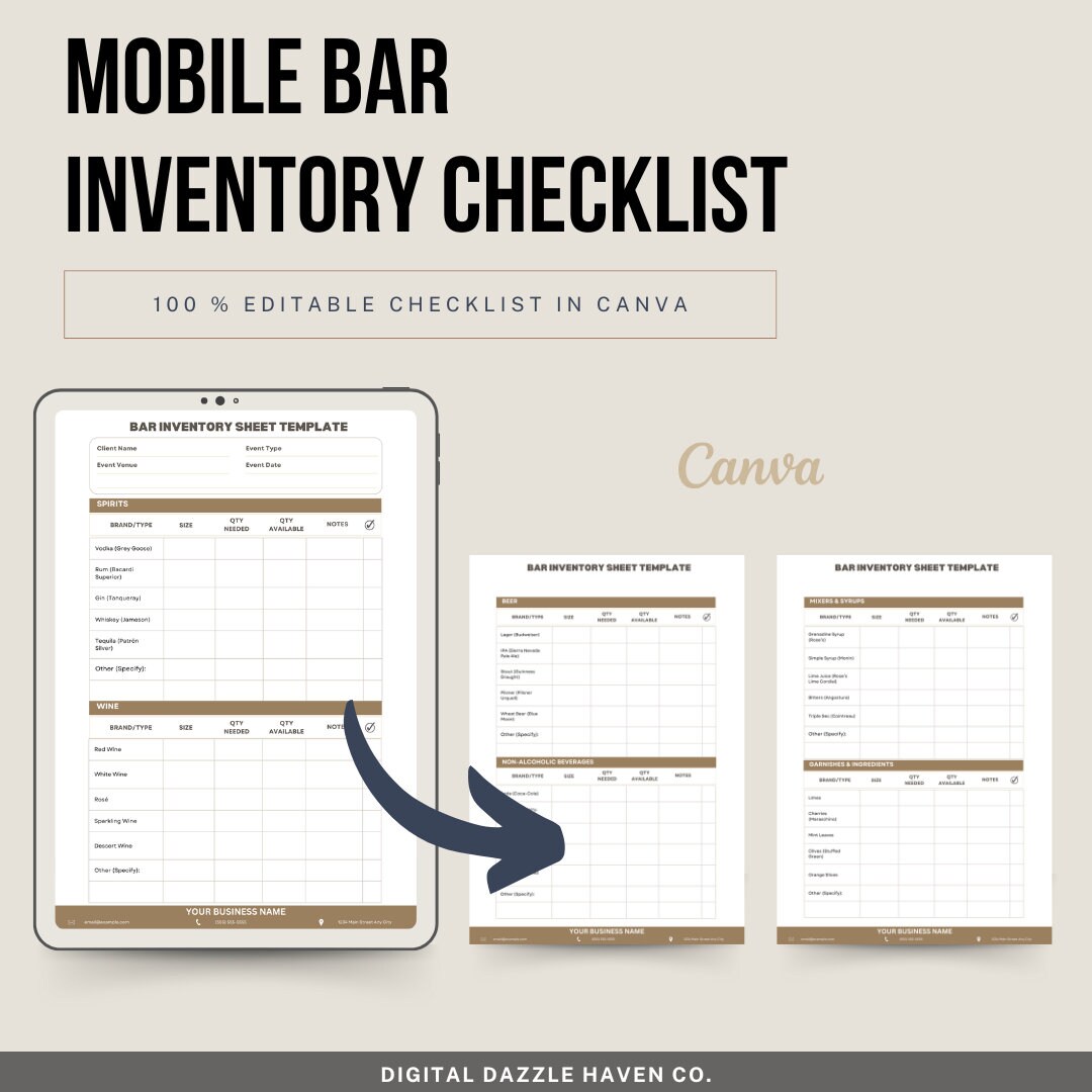 Mobile Bar Inventory Checklist Template Editable Mobile Bar Checklist ...