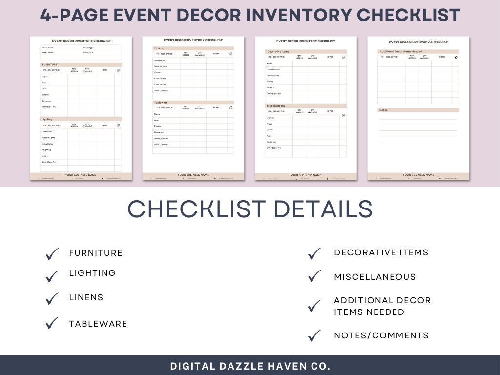 Event Decor Inventory Checklist Template Editable Inventory Checklist ...