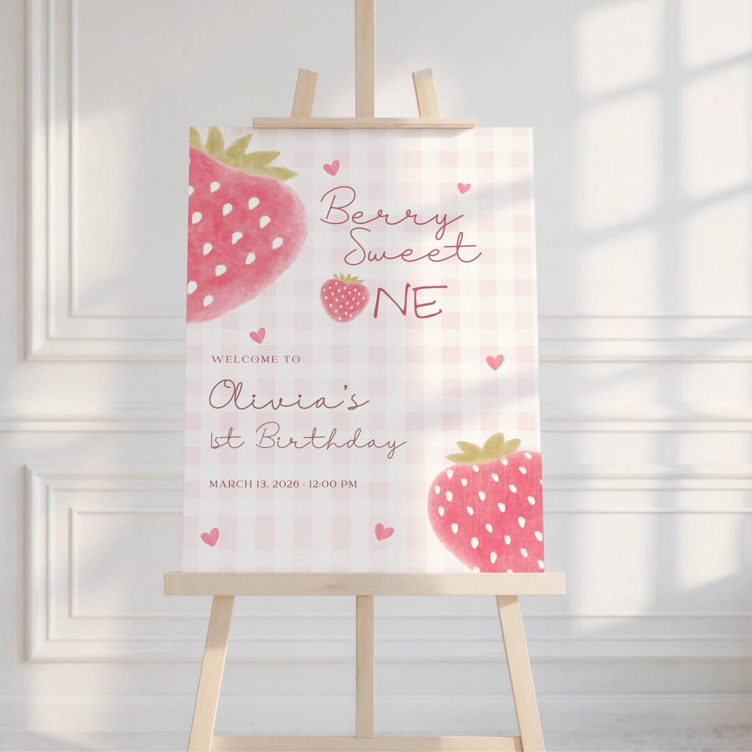Berry Sweet One Welcome Sign Template Editable Strawberry Theme First ...
