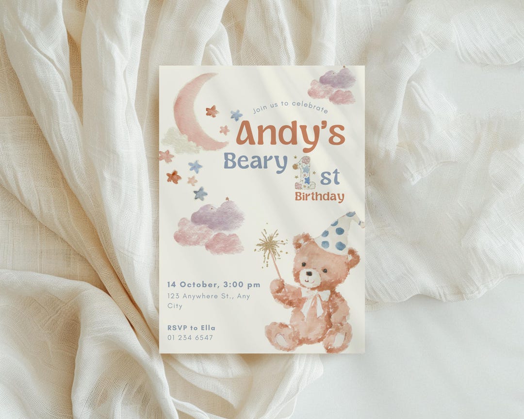 Beary First Birthday Invitation Template Editable Bear Birthday Invite ...