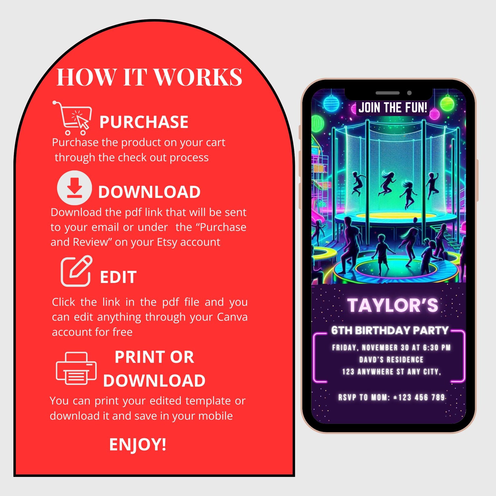 Editable Trampoline Birthday Invitation Kids| Trampoline Party ...