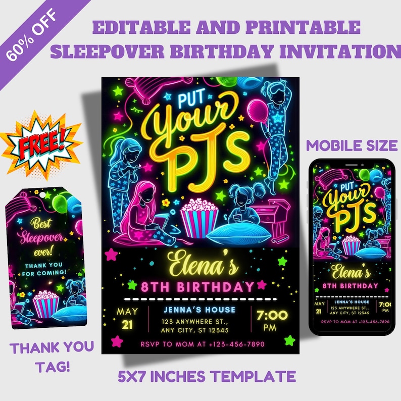 Sleepover Birthday Party Invitation Slumber Party Invite Neon Birthday ...