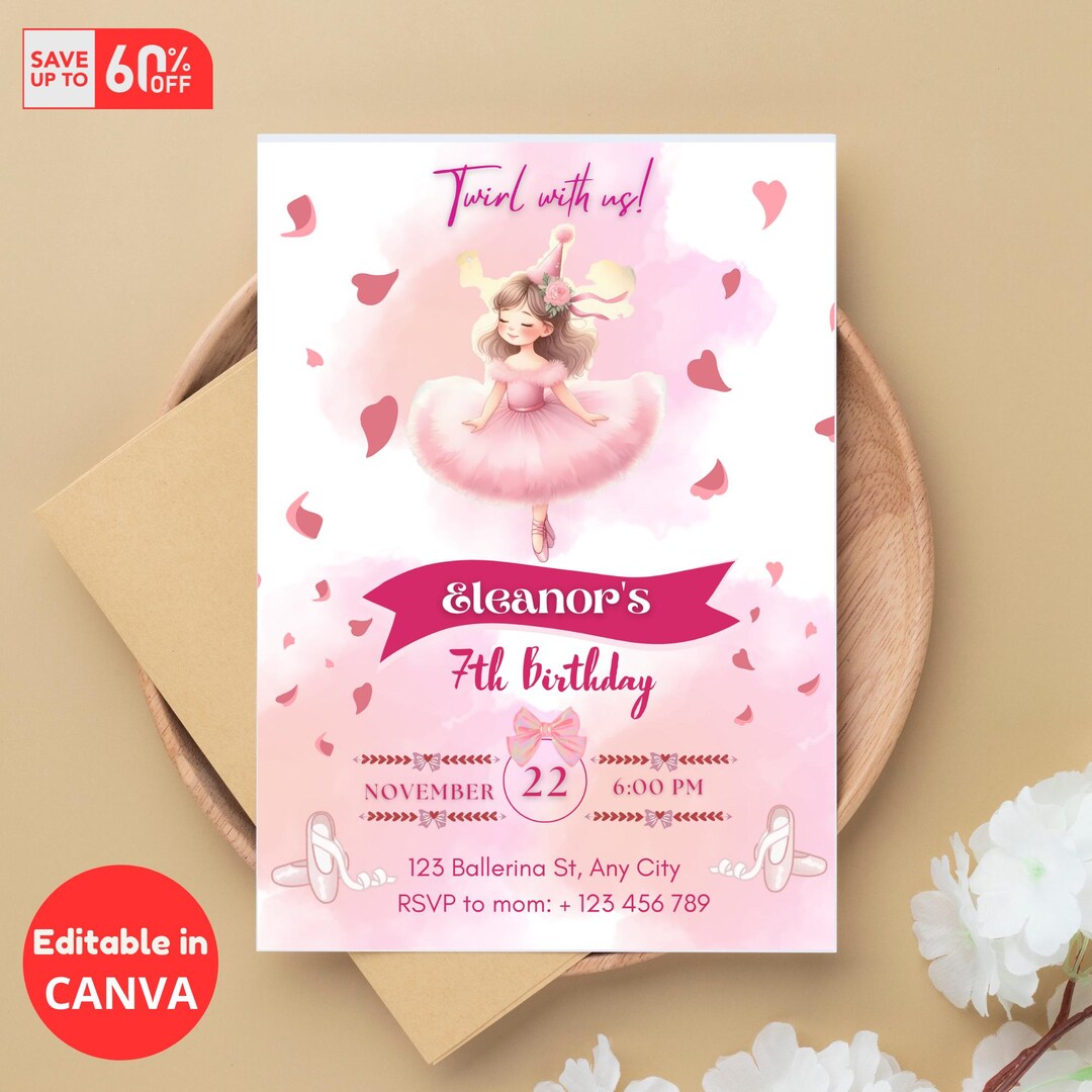 Ballerina Birthday Invitation Girls| Pink Ballet Party Invite| 7th ...